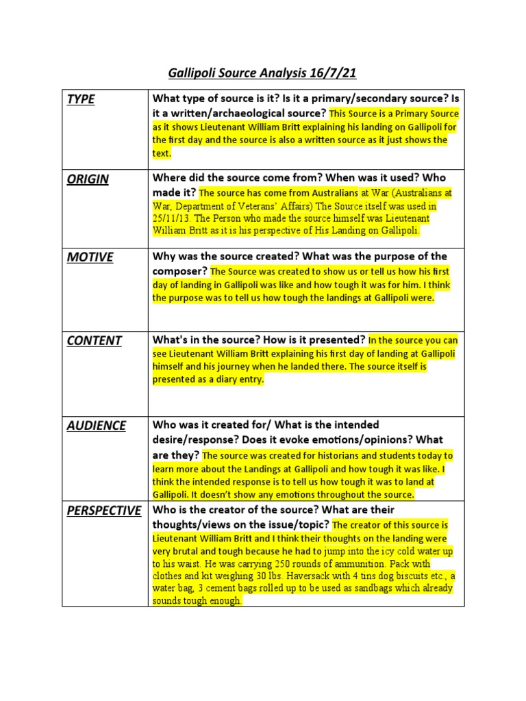 History 2nd Lesson GALLIPOLI SOURCE ANALYSIS | PDF | Cognitive Science ...