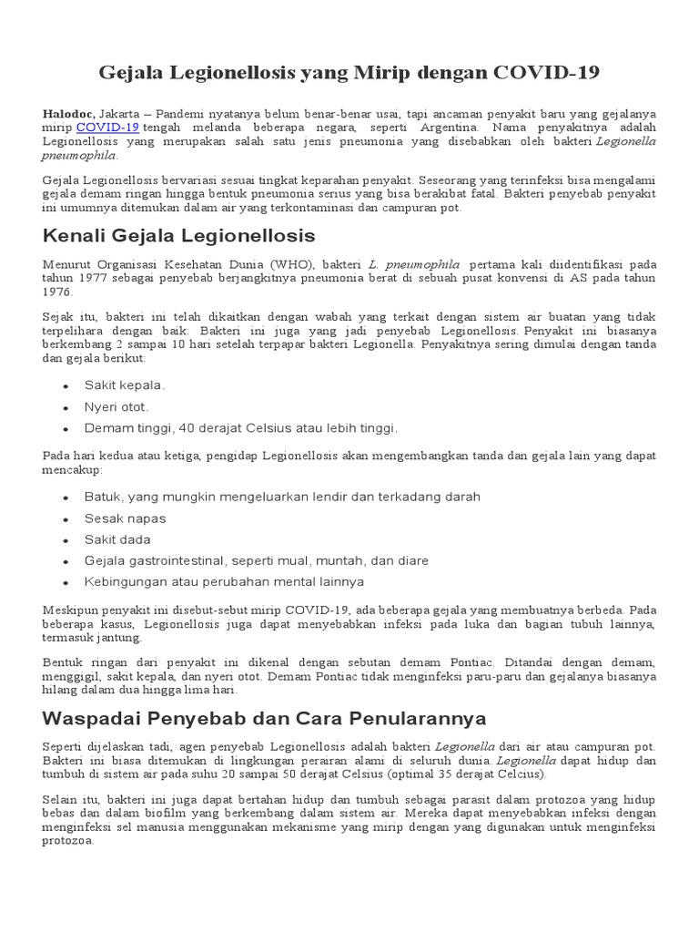 Gejala Legionellosis Yang Mirip Dengan COVID | PDF