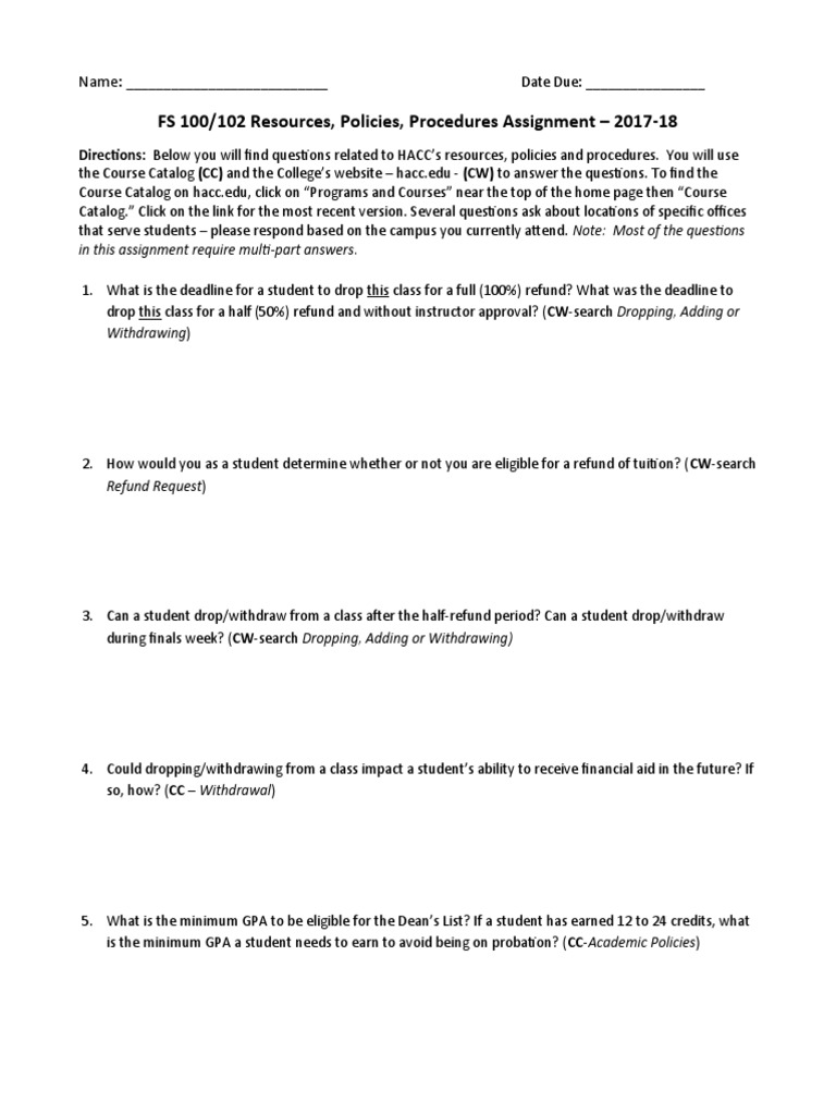 HACC Drop and Refund Deadlines Guide | PDF
