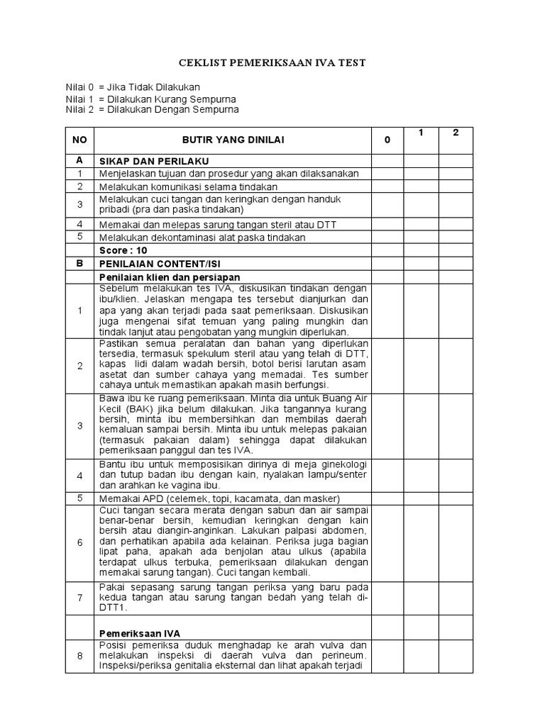 CEKLIST PEMERIKSAAN IVA TEST dan screening hasil | PDF