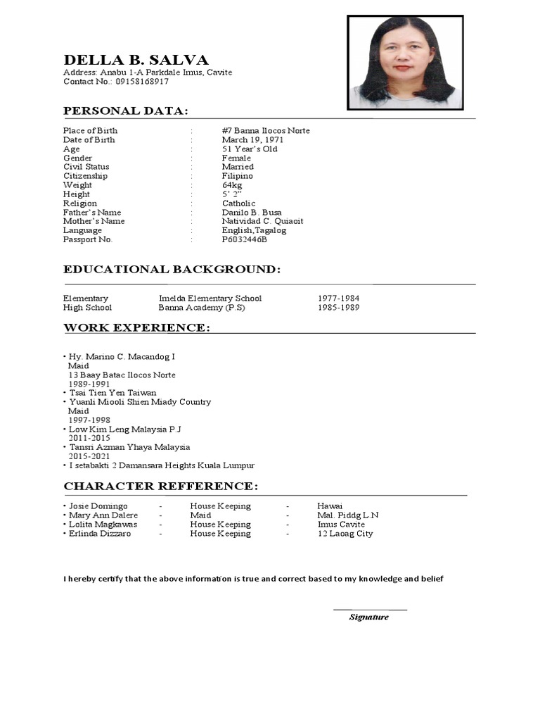 Della B. Salva's Resume - 51 Year Old Filipino Maid | PDF