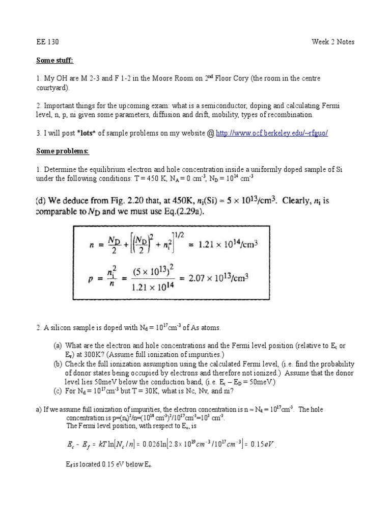 EE130 Discussion 2 Notes | PDF | Doping (Semiconductor) | Semiconductors
