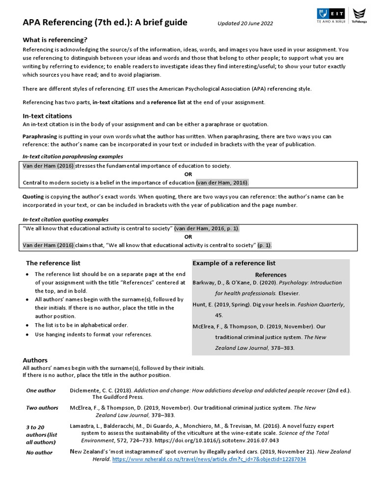 APA Referencing Brief Guide | PDF | Citation | Apa Style