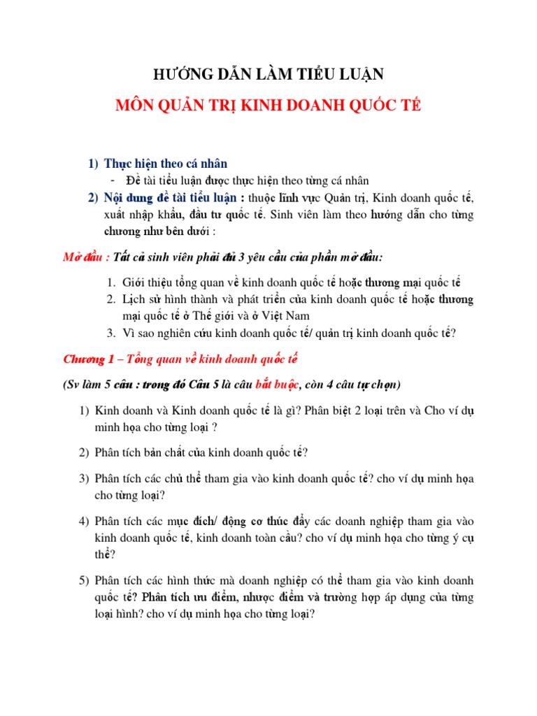 18CQT - HƯỚNG DẪN LÀM TIỂU LUẬN- Quản trị KDQT | PDF
