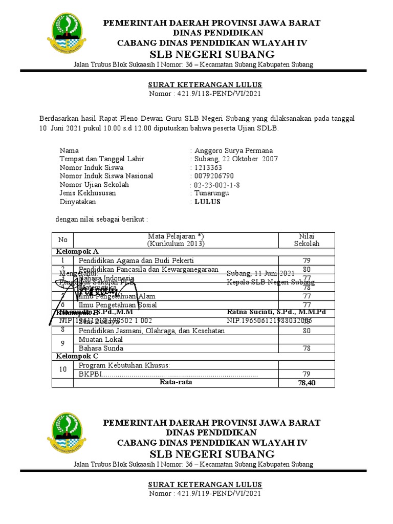 Model Surat Keterangan Lulus SDLB | PDF