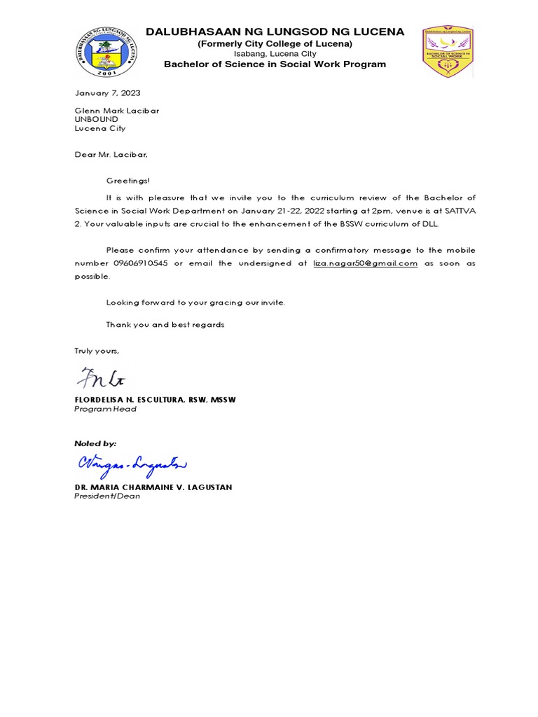 Letter Invite Glenn Lacibar Curriculum Review | PDF