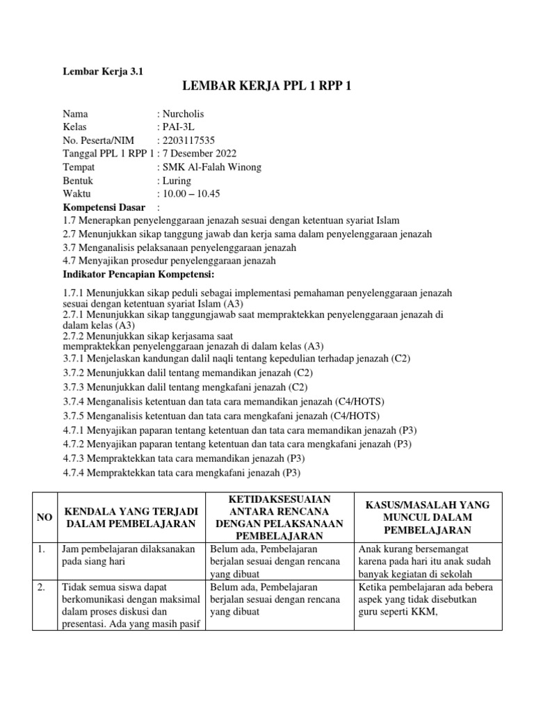 Lembar Kerja PPL 1-2 RPP 1-3 Cholis | PDF