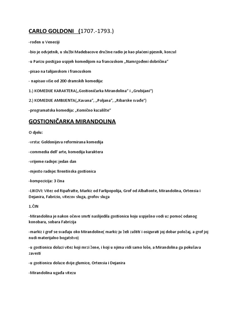 2b2 Carlo Goldoni - Gostionicarka Mirandolina | PDF
