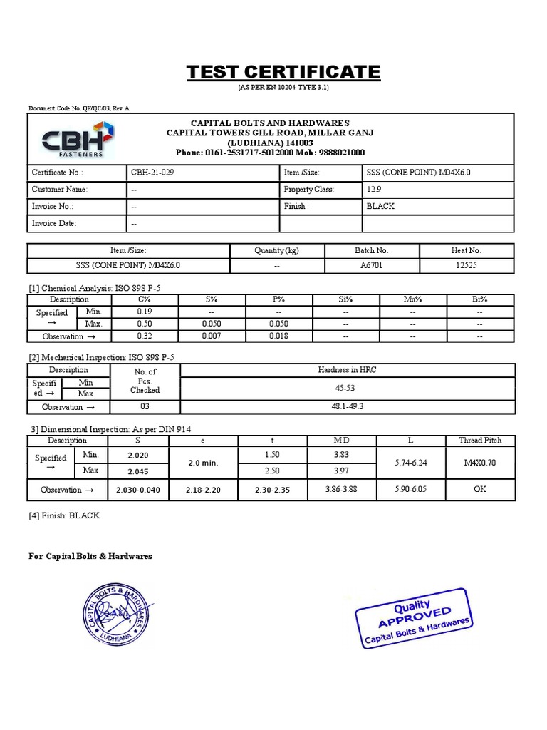 Test Certificate: (AS PER EN 10204 TYPE 3.1) | PDF | Mechanical Engineering