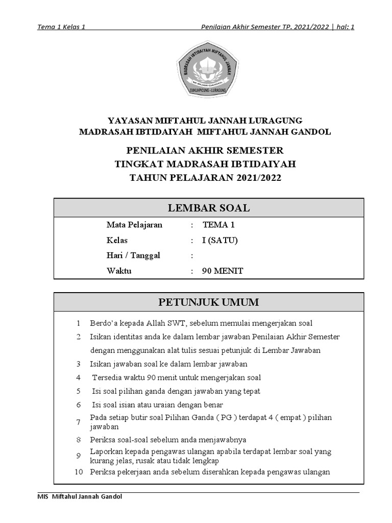Naskah Soal Pas Kelas 1 Tema 1 | PDF