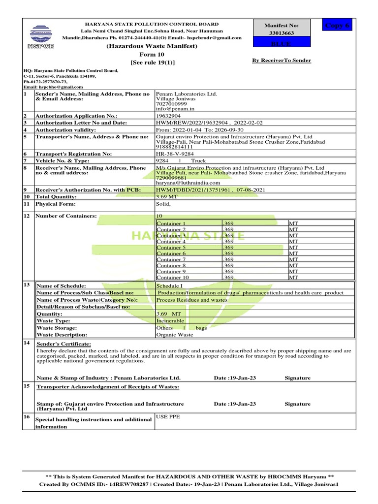 Manifest Slip | PDF | Waste | Pollution