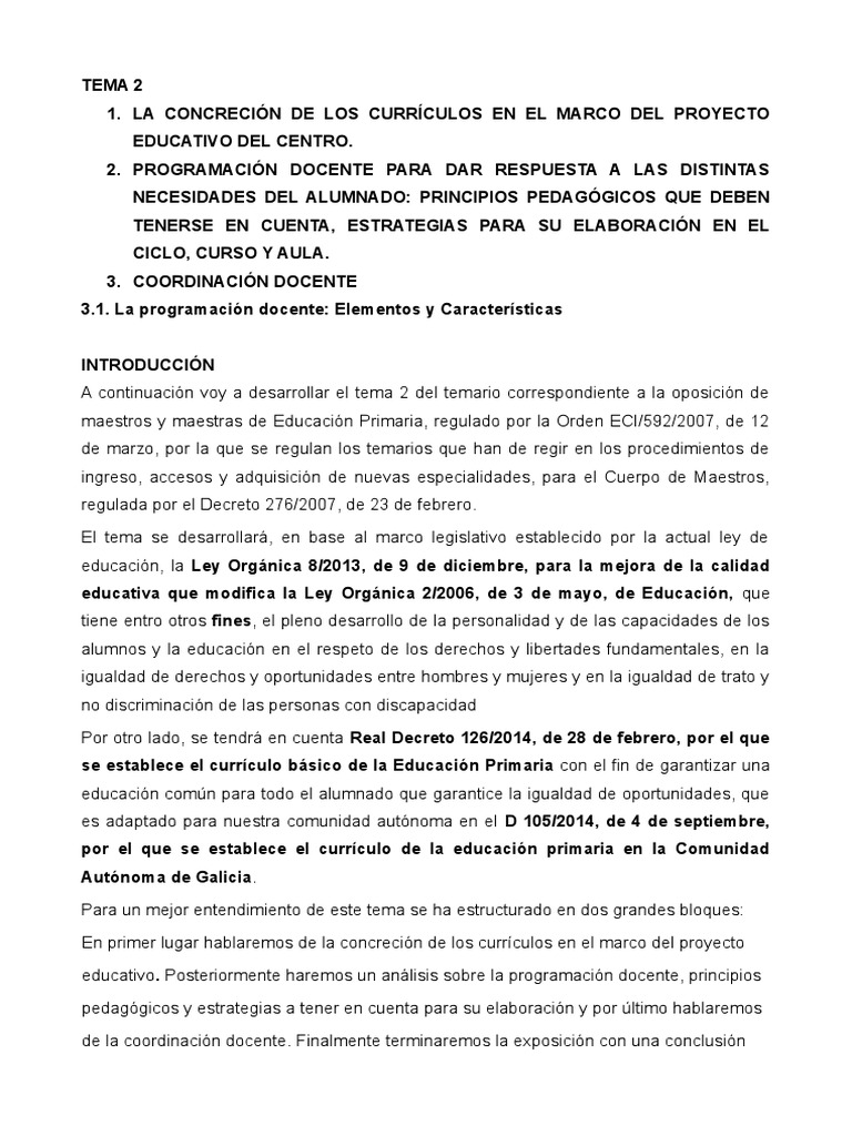 Tema 2 Oposiciones Primaria | PDF | Plan de estudios | Enseñando