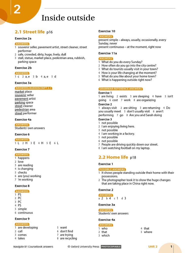 Navigate b1 Coursebook Unit 2 Answer Key | PDF