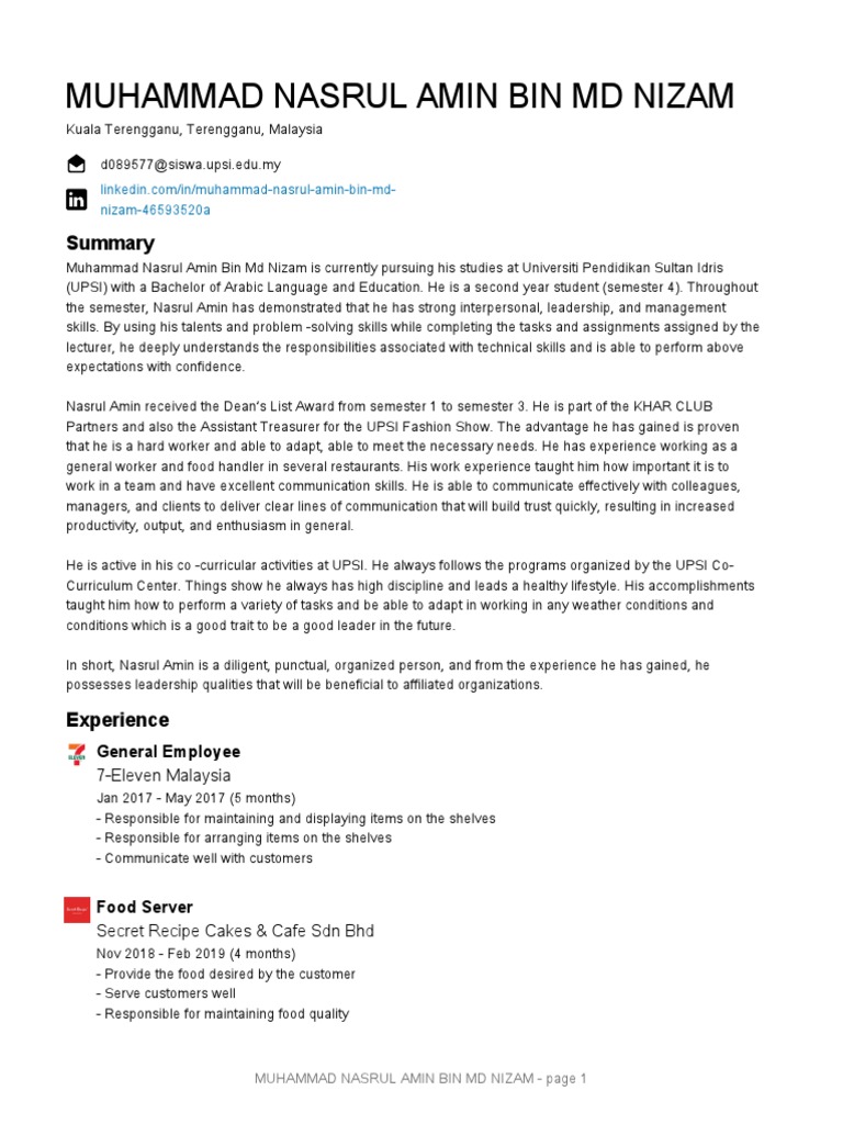 Resume MUHAMMAD NASRUL AMIN BIN MD NIZAM | PDF | Cognition