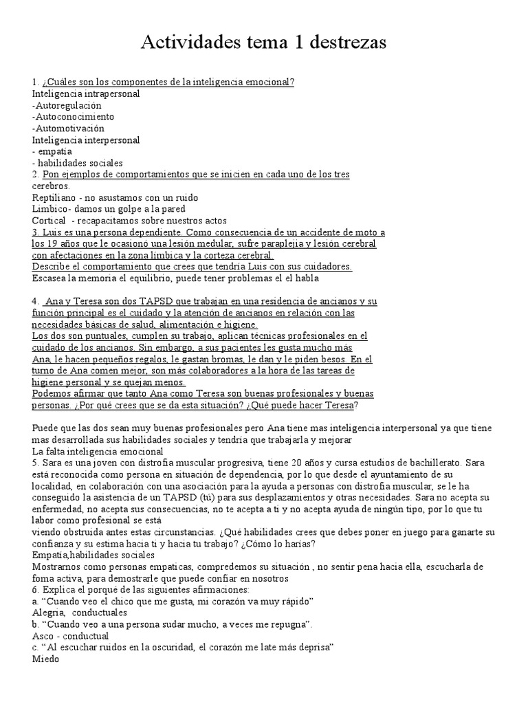 Actividades Tema 1 Destrezas | PDF | Las emociones | Cerebro