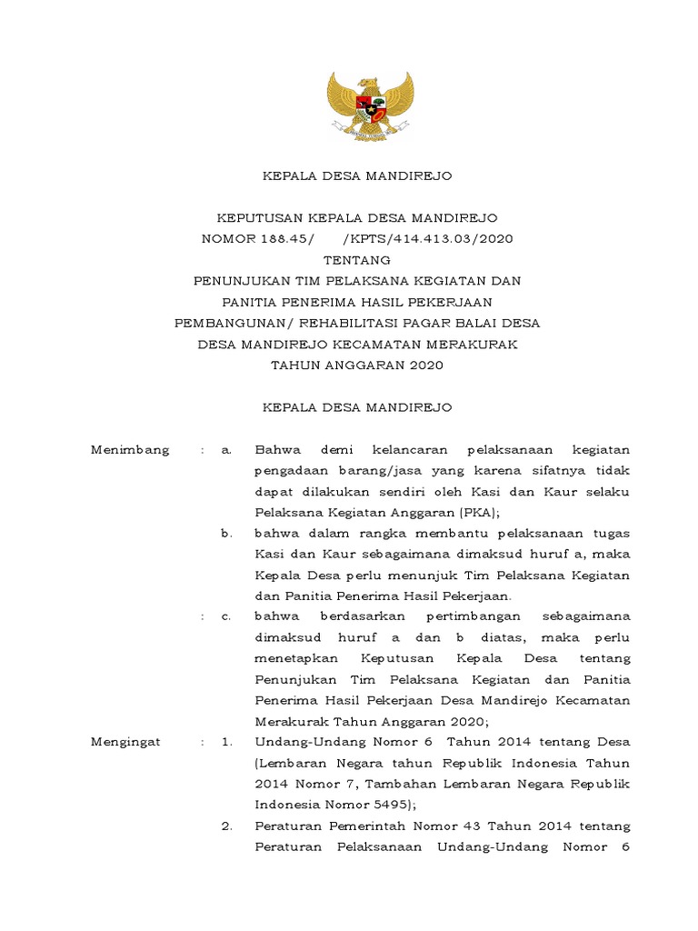 SK TPK Pembangunan Gapura Dan Pagar Balaidesa 2020 Lengkap Dengan Tugas ...