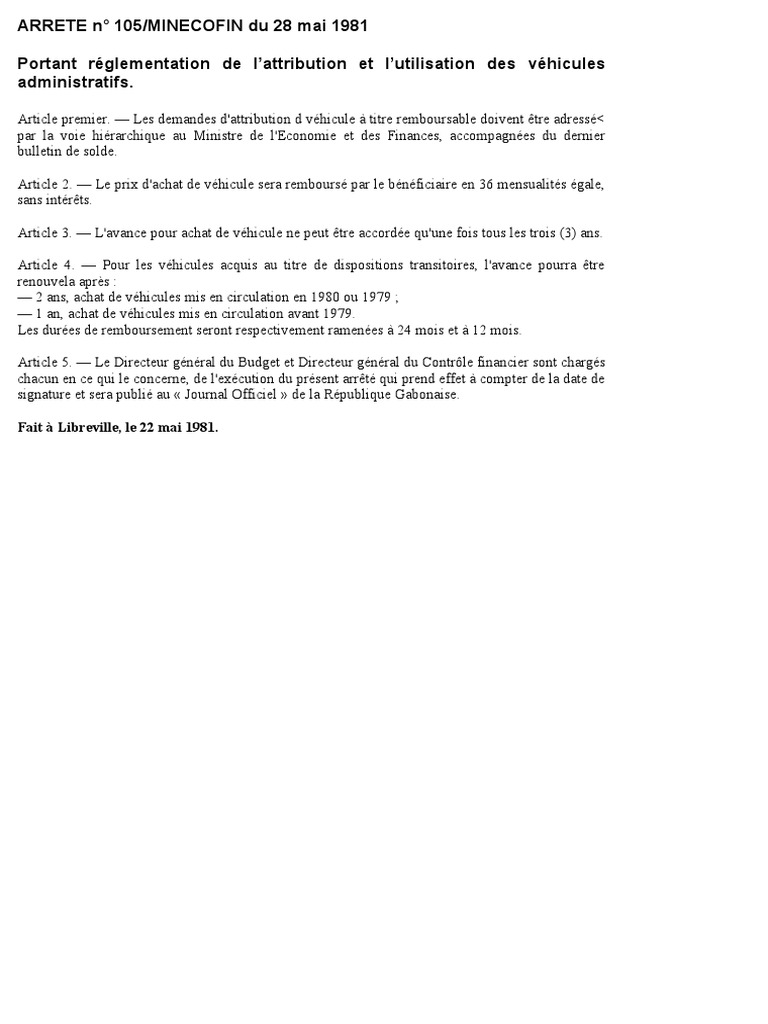 Arrêté N° 105-MINECOFIN 28-05-1981 | PDF | Affaires
