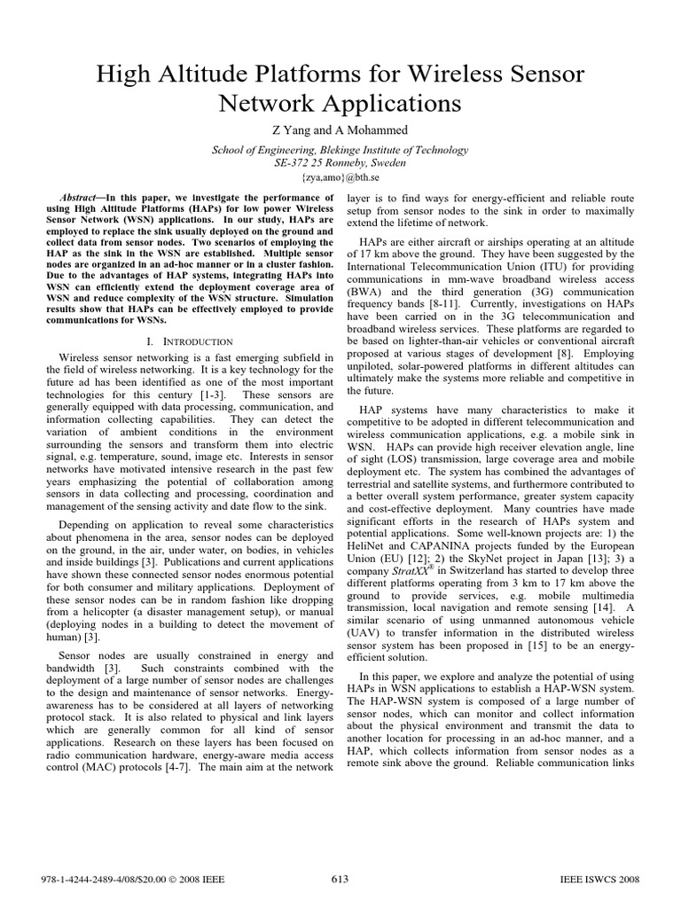 High Altitude Platforms For Wireless Sensor Network Applications | PDF | Wireless Sensor Network ...