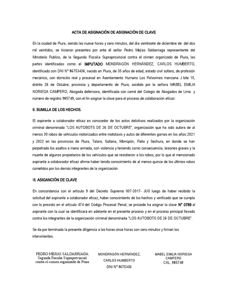 Acta de Asignación de Clave | PDF | Crímenes | Crimen y violencia
