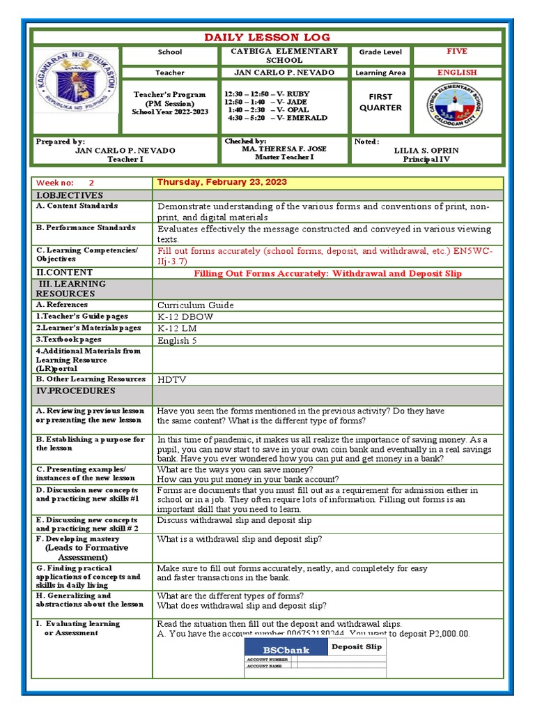 Analyzing Daily Lesson Logs: Filling Out Forms Accurately in English ...