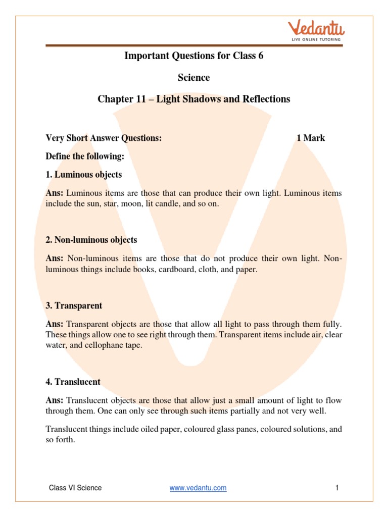 CBSE Class 6 Science Chapter 11 - Light, Shadows and Reflections ...