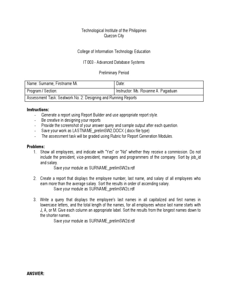 Seatwork No 2 - Designing and Running Reports | PDF