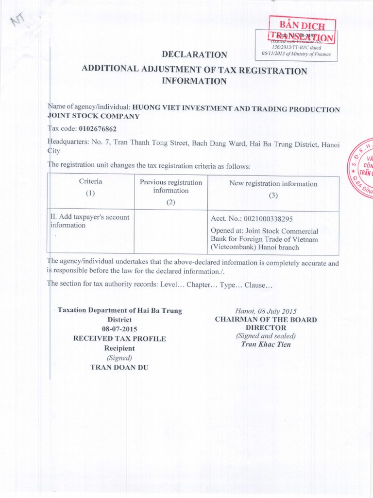 Tax Registration Adjustment Declaration | PDF | Vietnam