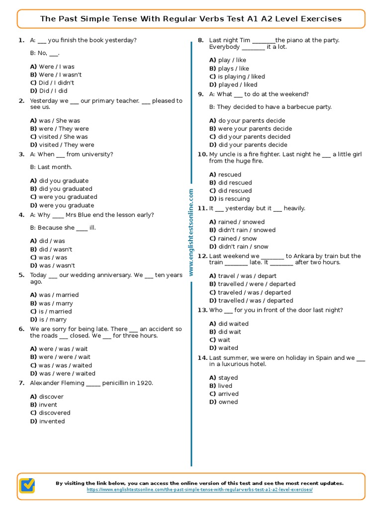 434 - The Past Simple Tense With Regular Verbs Test A1 A2 Level ...