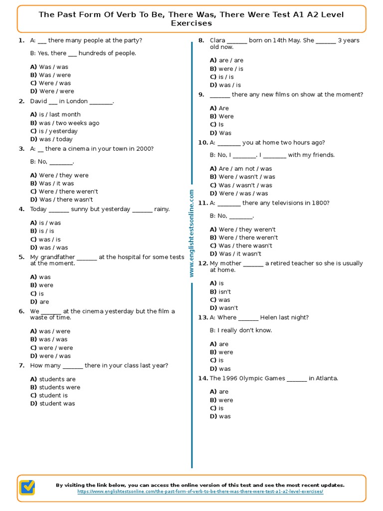 433 - The Past Form of Verb To Be There Was There Were Test A1 A2 Level ...