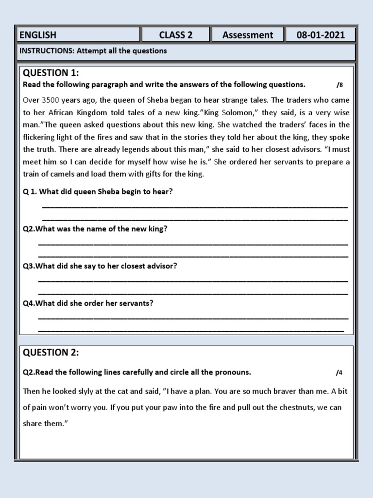 Grade 2 English Assessment Paper | PDF | Linguistics