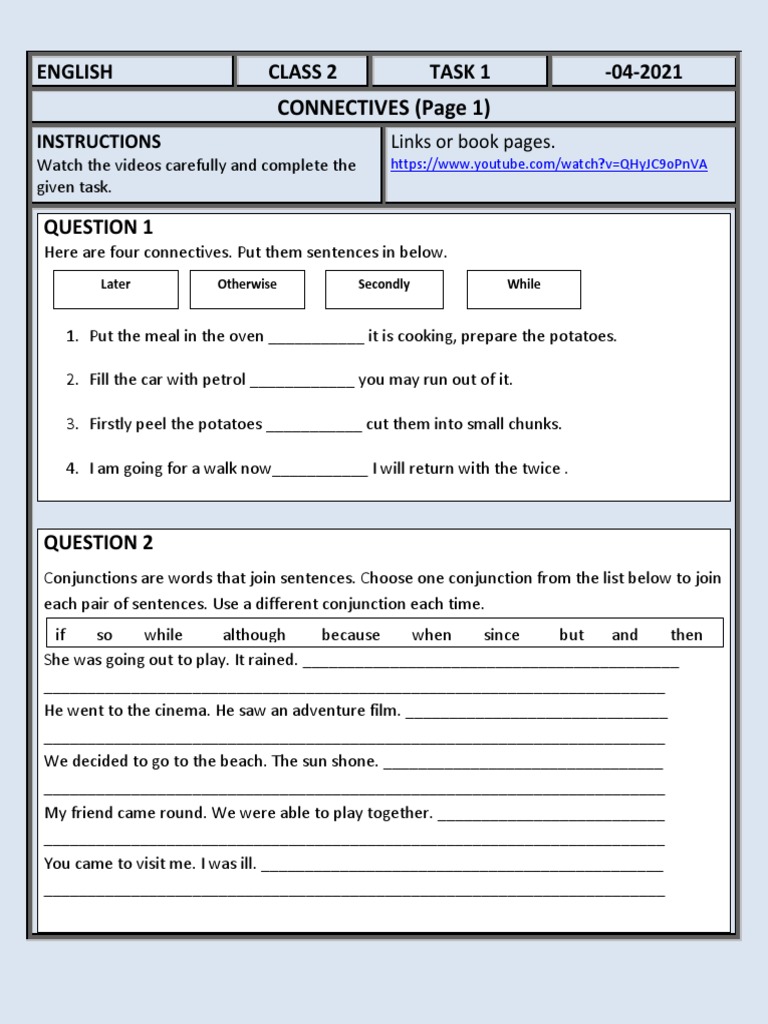 Connectives Worksheet for Class 2 | PDF | Cooking | Food And Drink