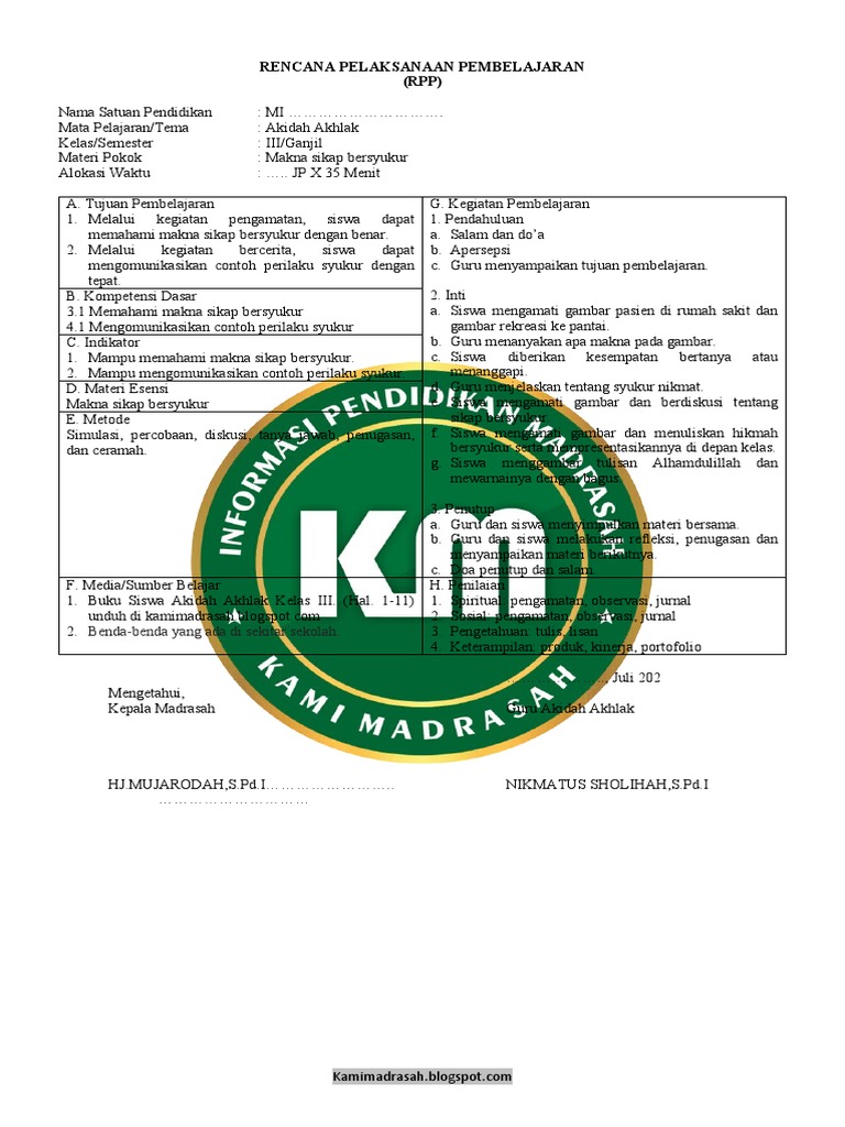 RPP AKIDAH AKHLAK KLS 3 - Kamimadrasah | PDF