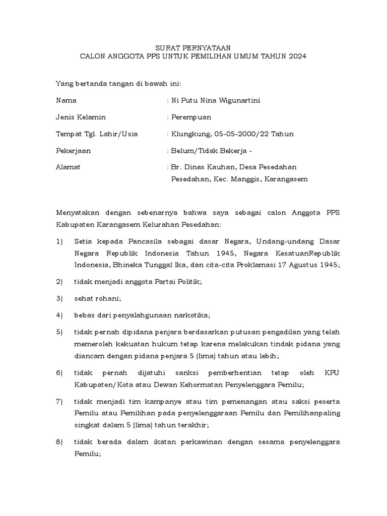 Surat - Pernyataan PPS KPU-1 | PDF