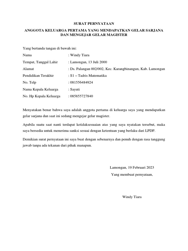 Surat Pernyataan - Anggota Keluarga Pertama Yang Mendapatkan Gelar ...