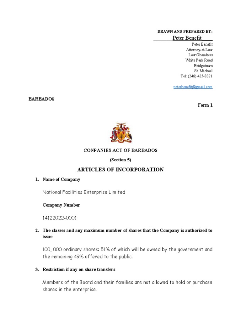 Articles of Incorporation - Form 1 | PDF | Governance | Corporate ...