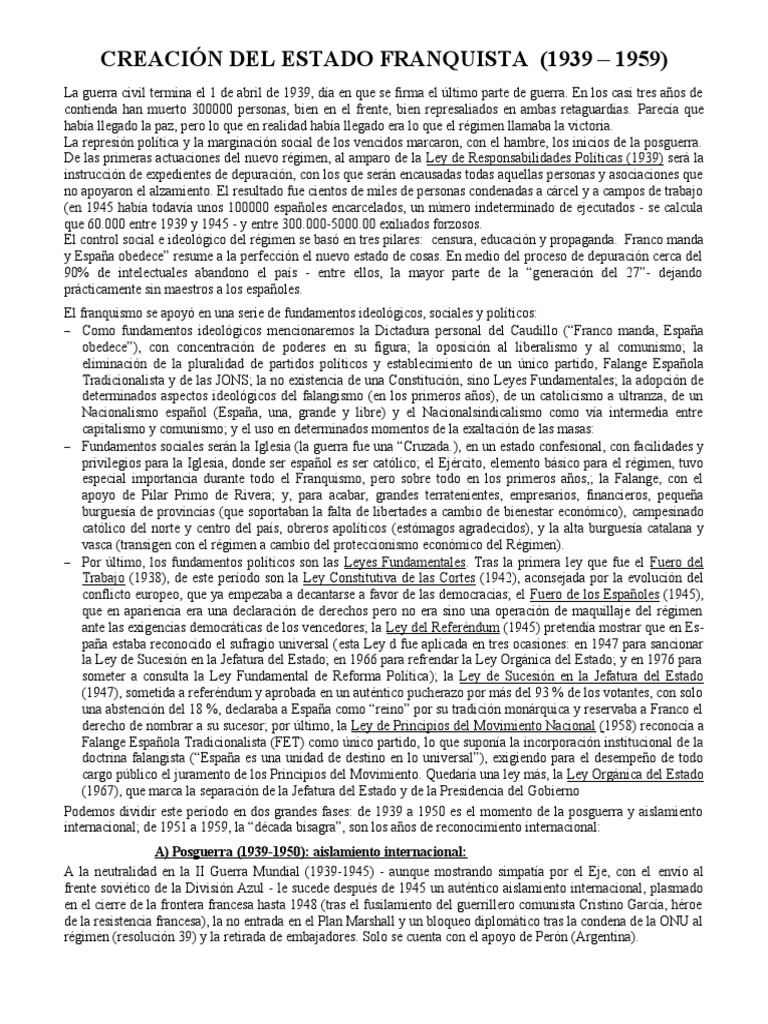 La Creación Del Estado Franquista (1939-1959) | PDF | Francisco franco | España