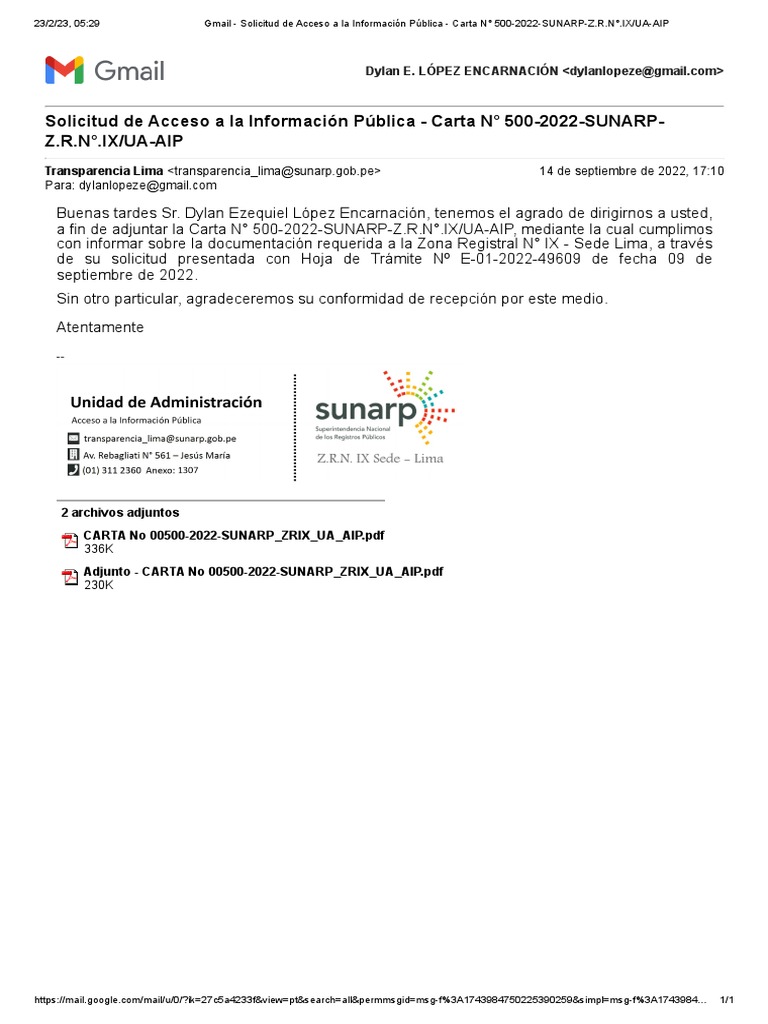 Gmail 14 SET 2022 17:10 Hrs. Rpta A SAIP SUNARP (Sol de Collique) - 6p | PDF