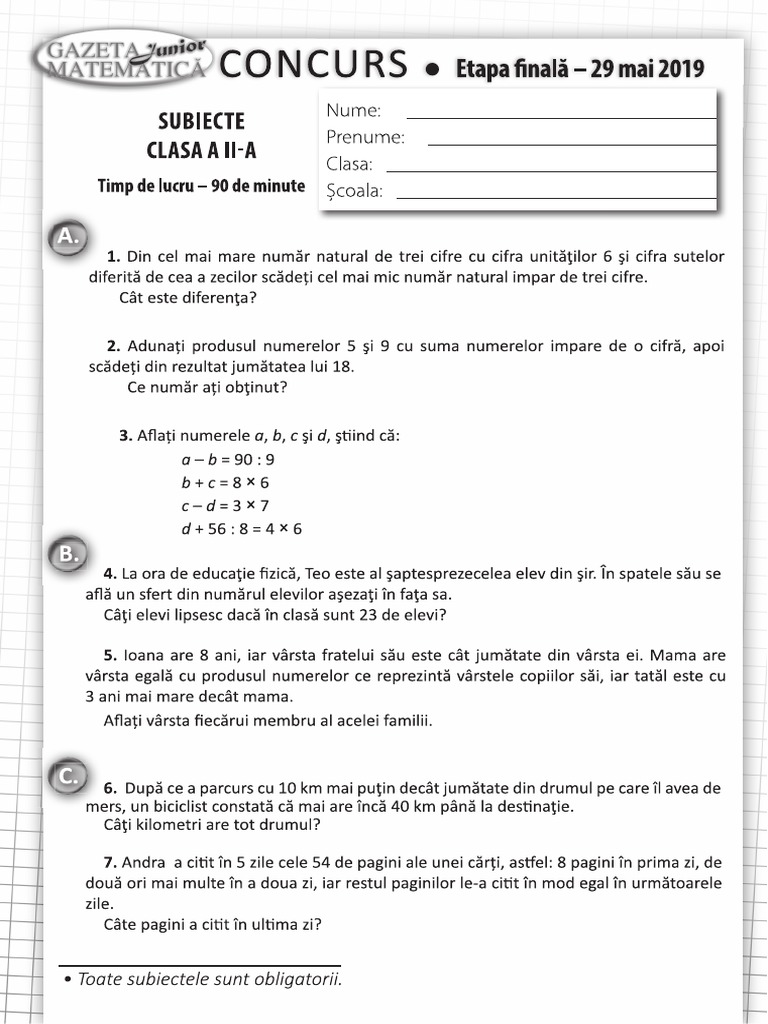Subiecte Concurs GMJ Mai 2018 Clasa 2 | PDF