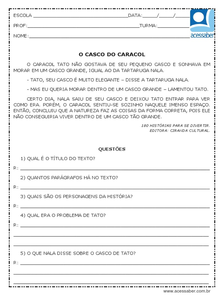 Interpretacao de Texto o Casco Do Caracol 2 Ano e 3 Ano | PDF