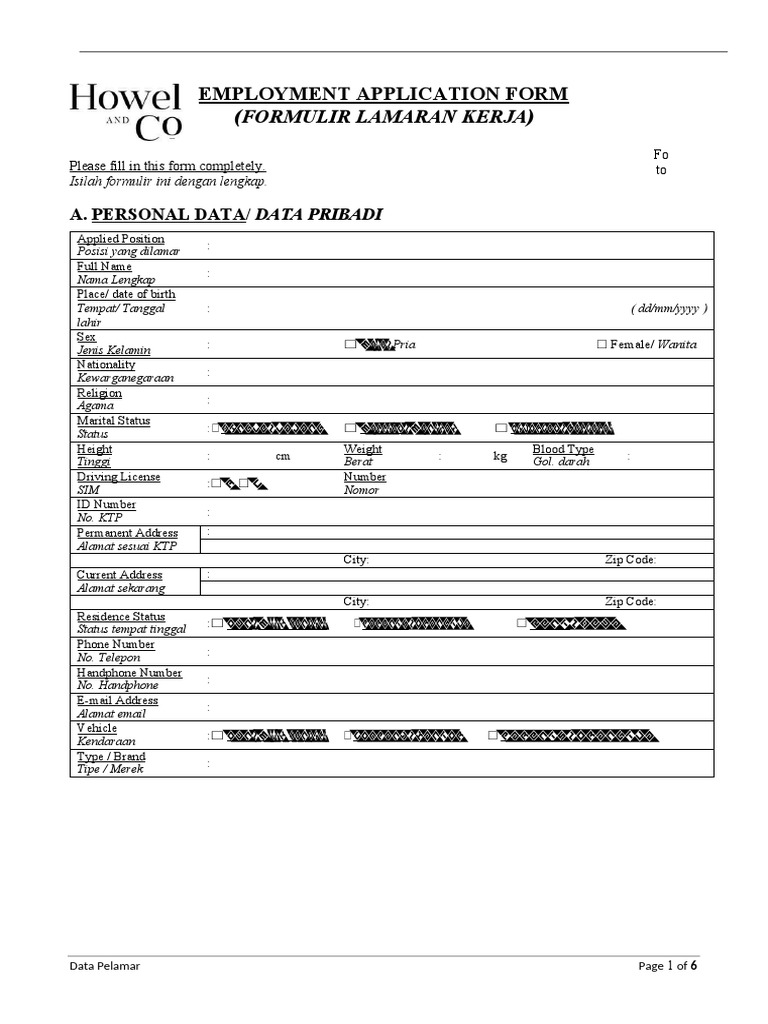 Form Isian Data Howel and Co | PDF