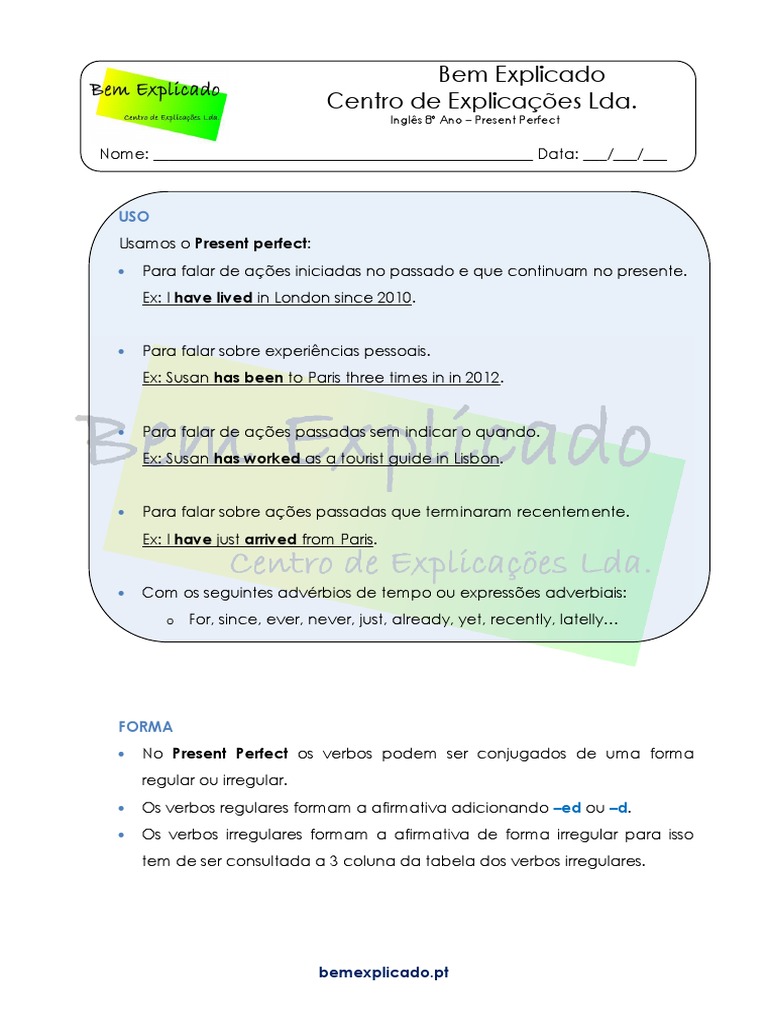 Present Perfect Tenses Explained | PDF | Linguística | Famílias ...