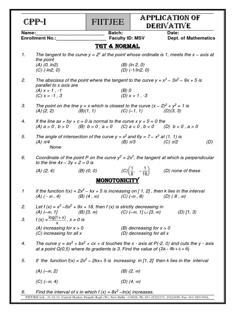 Application of Derivatives: Worksheet on Differentiation, Monotonicity, and Comprehension ...