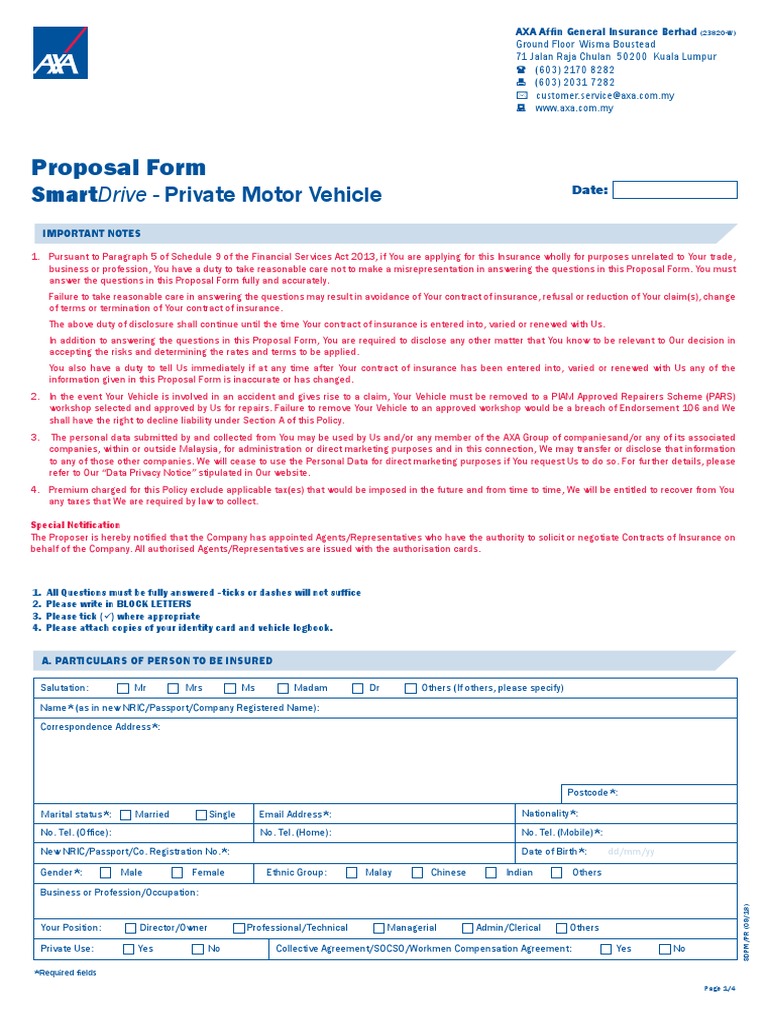 proposal+form+-+smartdrive+private+motor+vehicle+v4 (1) | PDF ...