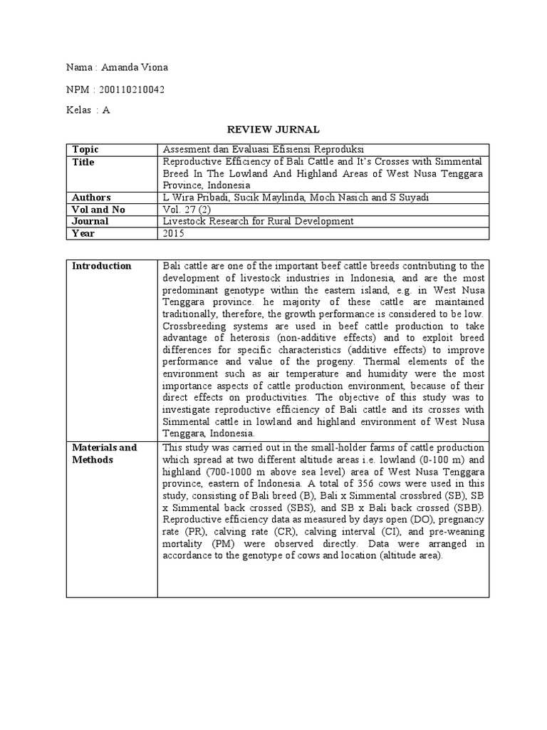 Reproductive Efficiency of Bali Cattle and Crosses in Lowland and Highland Areas | PDF | Cattle ...