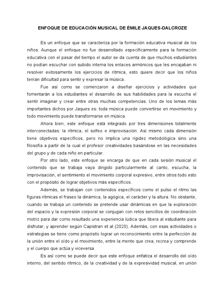 Enfoque Musical Dalcroze: Rítmica y Creatividad | PDF | Ritmo | Ciencia cognitiva