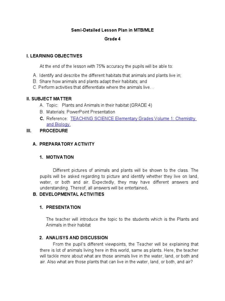 Plants and Animals in Their Habitat (GRADE 4) Lesson Plan | PDF ...