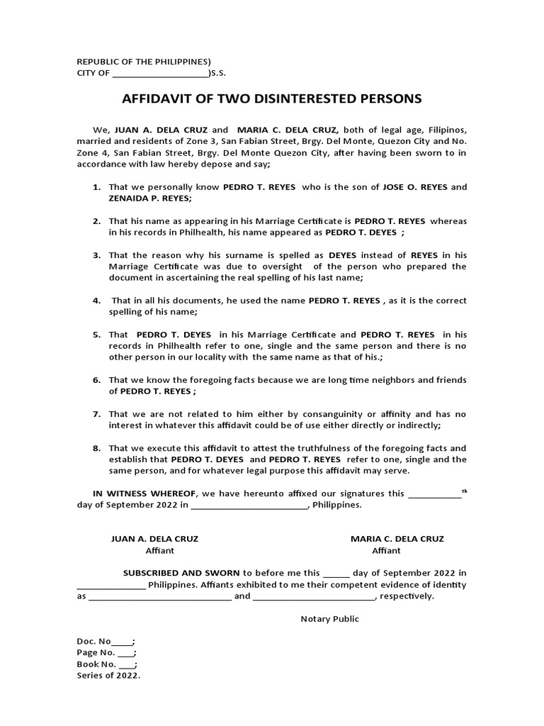 Affidavit of Two Disinterested Persons One and The Same Person ...