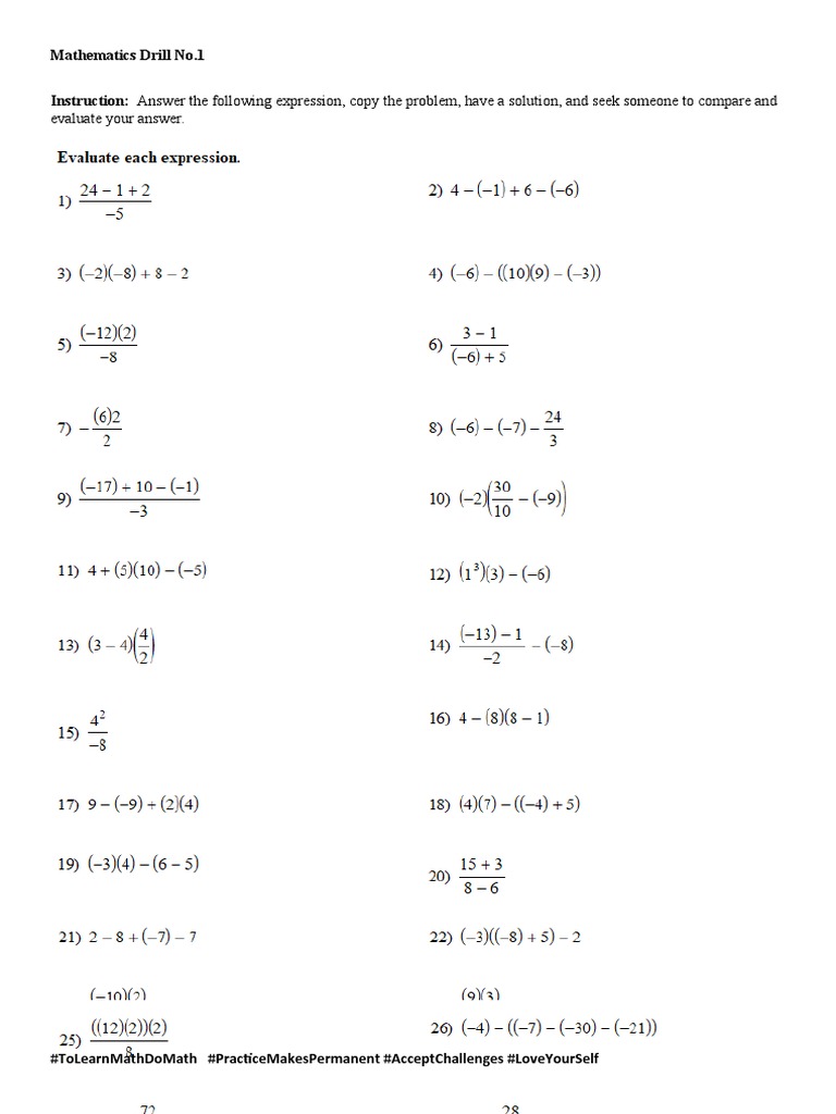 Mathematics Drill No. 1 | PDF