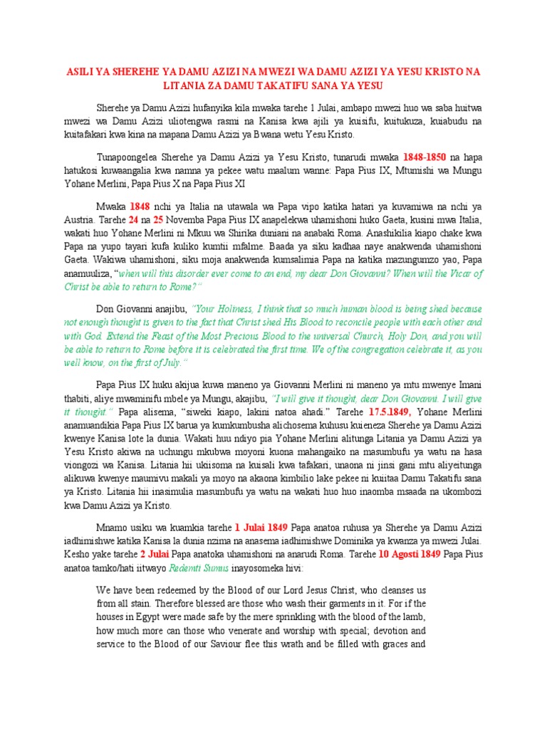 Asili Ya Sherehe Ya Damu Azizi Na Mwezi Wa Damu Azizi Ya Yesu Kristo | PDF