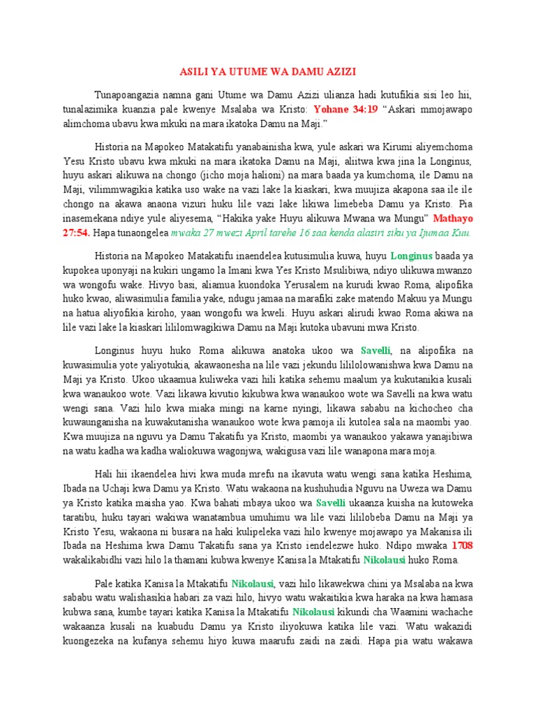 Asili Ya Utume Wa Damu Azizi | PDF